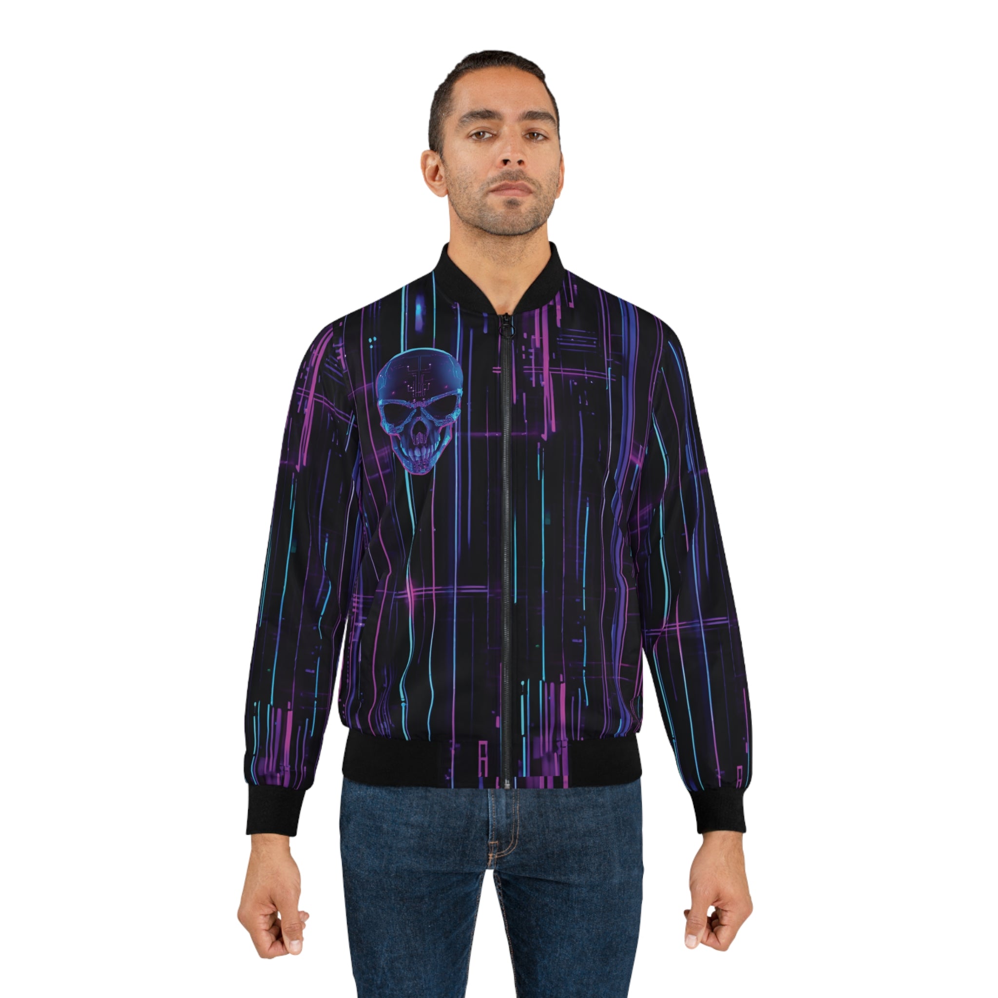 3D Neon Cyborg Skull & Futuristic Lights Cyberpunk Men's Bomber Jacket ...