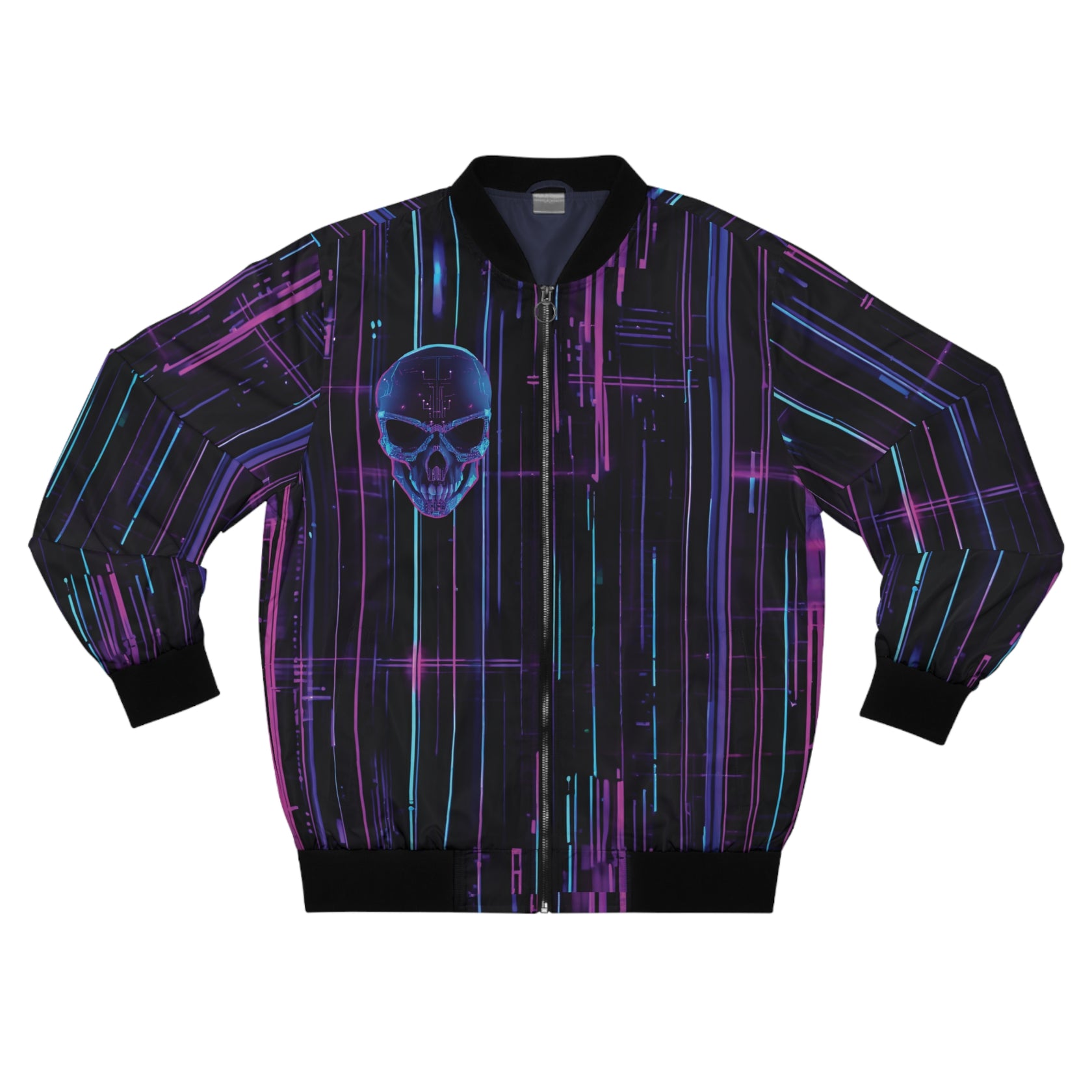 3D Neon Cyborg Skull & Futuristic Lights Cyberpunk Men's Bomber Jacket ...